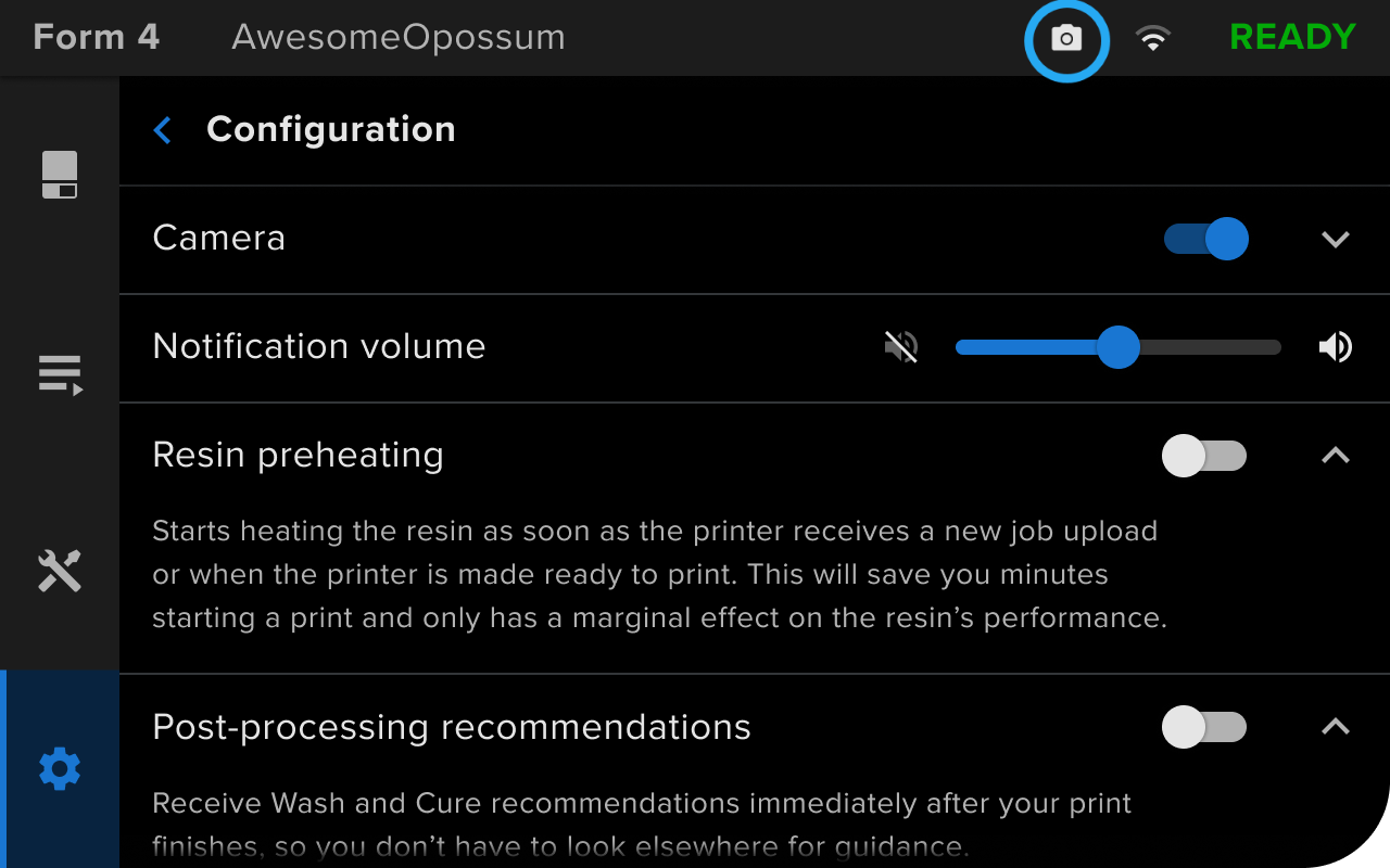 Using the camera on Form 4 and Form 4L generation printers